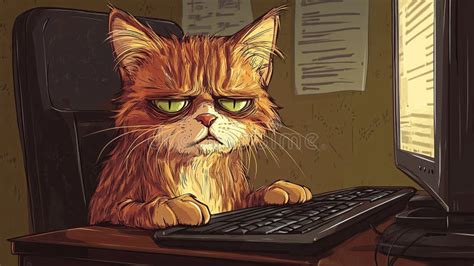A Grumpy Tired Looking Cat With Swollen Eyes Sitting At A Computer
