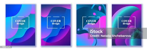 추상 적인 유행 유체 물결 모양네온 배경 세트입니다 시안 블루 핑크 바이올렛 그라데이션 어두운 색상 현대 3d 스타일 표지