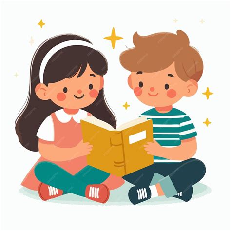 귀여운 아이들이 함께 책을 읽고 있습니다 프리미엄 벡터