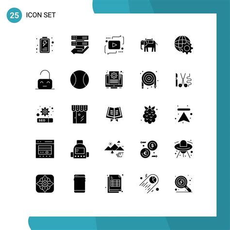 Pictogram Set of 25 Simple Solid Glyphs of globe indian chat elephant africa Editable Vector ...