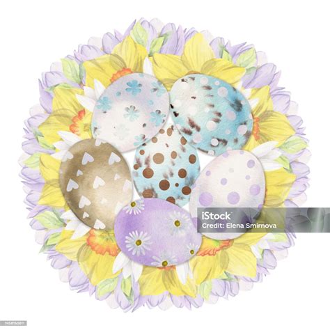 수채화 손으로 그린 부활절 축하 클립 아트 둥지 화환은 계란 나뭇잎 꽃 파스텔 색으로 칠해져 있습니다 흰색 배경에 격리 초대장