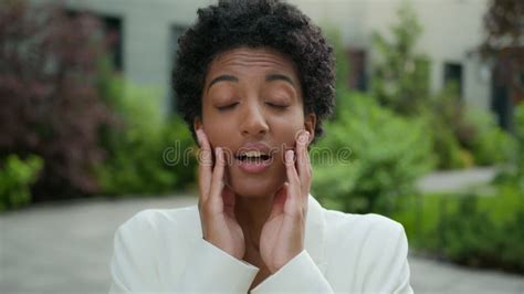 Amazed African American Woman Lady Girl Shocked Close Mouth With Hands