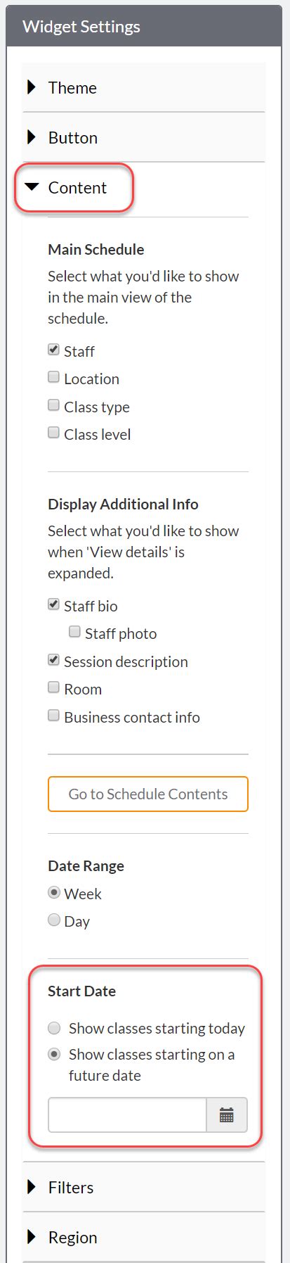 Can I Set My Schedule Widget To Show Classes Starting On A Specific Date