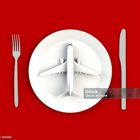 빨간색 배경에 접시 나이프와 포크 개념 그림에 비행기의 클로즈업 최고 복사 공간 3d 렌더링 보기 0명에 대한 스톡 사진 및 기타 이미지 Istock