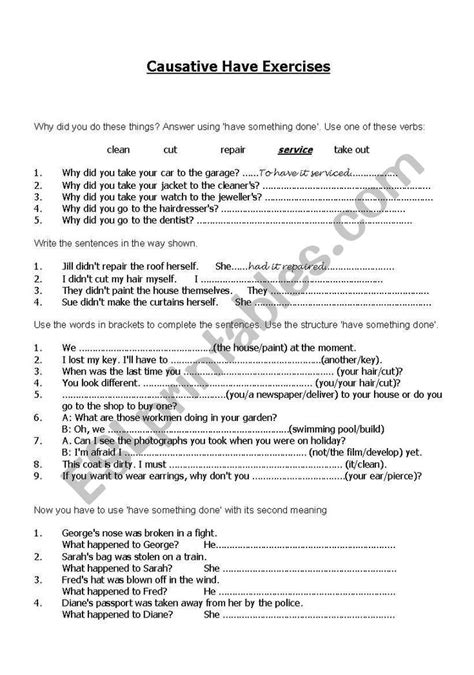 Causative Have Exercises Esl Worksheet For Older Students