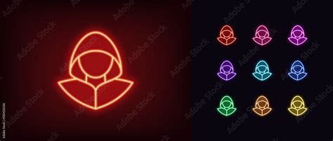 Outline Neon Hacker Icon Set Glowing Neon Hacker With Hood Cyber Criminal And Thief Pictogram