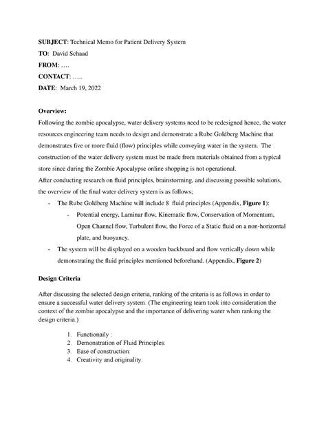 Copy Of Cee Water Delivery Technical Memo Subject Technical Memo For Patient Delivery System