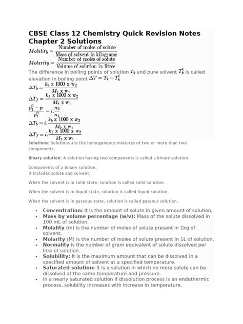 Cbse Class 12 Chemistry Quick Revision Notes Chapter 2 Solutions Pdf Osmosis Solubility