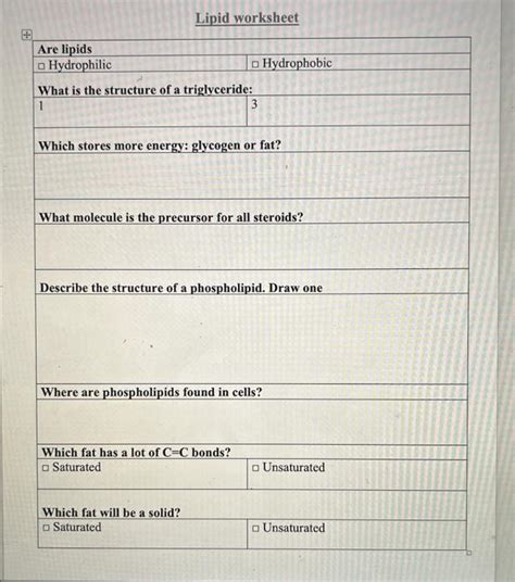 Solved Lipid Worksheet Are Lipids A Hydrophilic A Chegg