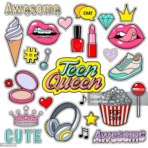 유행 스티커 팩 심장 크라운 입술 다이아몬드 귀여운 패션 Stikers 키트입니다 낙서 팝 아트 스케치 배지 및 핀 벡터 손으로 그린 패치 세트 스티커에 대한 스톡 벡터