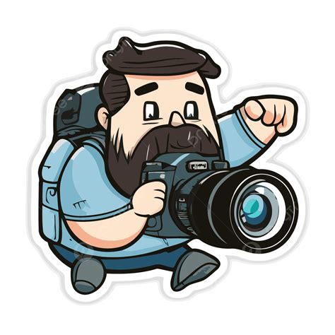 카메라를 들고 수염 난 사진 작가 벡터 고립 된 사진을 찍는 만화와 스티커 디자인 상표 Png 일러스트 및 벡터 에 대한