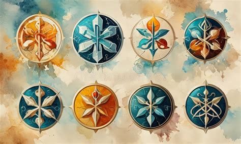 Collection Nine Circular Compasses Each With Unique Design Is Arranged In Grid Against