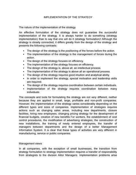 Implementation OF THE Strategy IMPLEMENTATION OF THE STRATEGY The Nature Of The Implementation