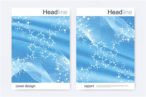 과학적인 브로셔 디자인 서식 파일입니다 벡터 전단지 레이아웃 연결된 라인 및 점 분자 구조 잡지 전단지 커버 포스터 디자인 요소와의 과학적인 패턴 원자 Dna 0명에 대한