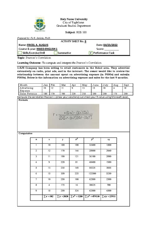 Inferential Statistics Pearsons Correlation Activity With Answers