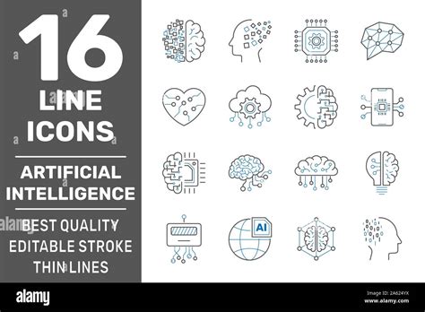 Artificial Intelligence Line Icons Set Of Brain Robot Ai Head