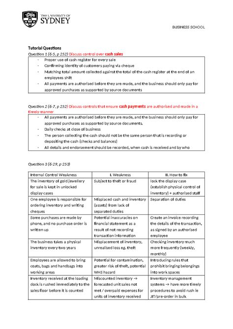Tut7 Week 8 Detailed Tutorial Answers For Tutorial 7 Business School Tutorial Questions