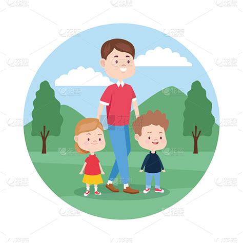 儿童男人色彩鲜艳卡通家庭父母父亲公园小的绘画插图
