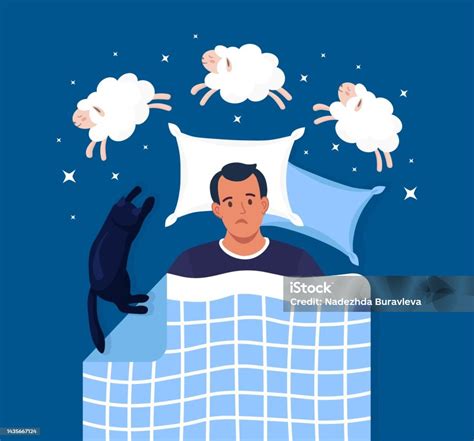 젊은 남자는 불면증으로 고통 잠들어 있고 양을 세는 것을 시도하는 침대에 누워 있는 사람 수면 장애 불면증 정신 적 문제를 가진 남성 캐릭터 양에 대한 스톡 벡터 아트 및