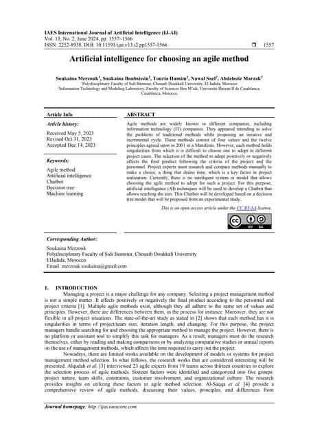 Artificial Intelligence For Choosing An Agile Method Pdf
