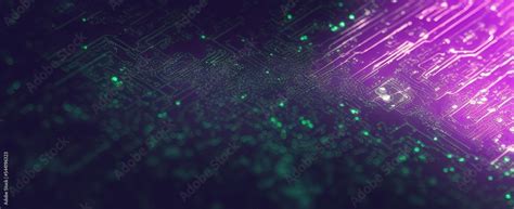 Futuristic Style Circuit Board With Illuminated Processor Sending Electric Pulses Of Information