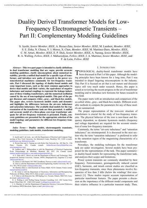 Pdf Duality Derived Transformer Models For Low Frequency Electromagnetic Transients Part Ii