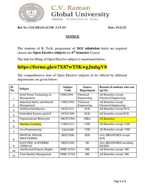 Notice For Open Elective Subjective 6th Sem 2021 Admission Batch Pdf