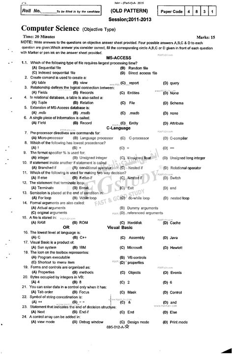 12th Class Computer Science Past Paper 2015 Rawalpindi Board Objective