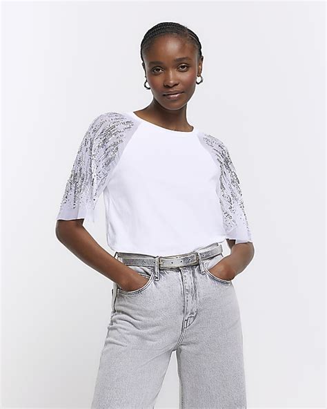 White Sequin Sleeve T Shirt River Island