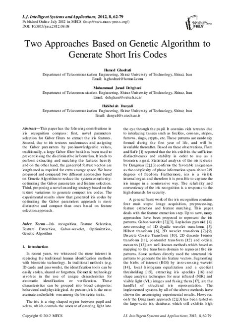 Pdf Two Approaches Based On Genetic Algorithm To Generate Short Iris Codes