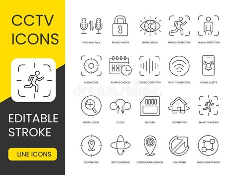 Cctv Camera Systems Vector Line Icon Set With Editable Stroke For