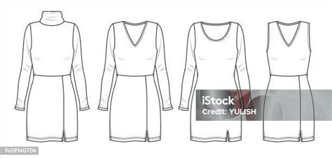 벡터 미니 드레스 세트 기술 도면 사이드 슬릿 패션 Cad와 짧은 여름 드레스 V 넥 스케치와 여성 긴 소매 드레스 템플릿 저지 또는 우븐 패브릭 드레스 화이트 0명에 대한