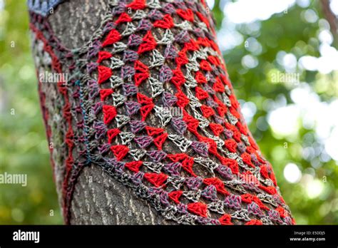 Knitting tree trunk crochet tree in the garden bar U vystřelenýho oka Zizkov Prague Czech