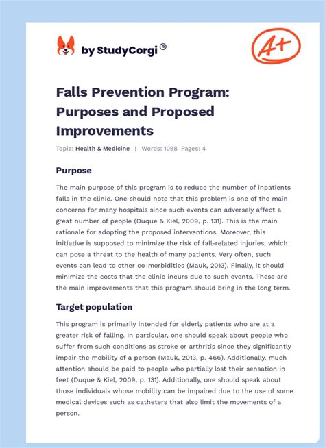 Falls Prevention Program Purposes And Proposed Improvements Free Essay Example
