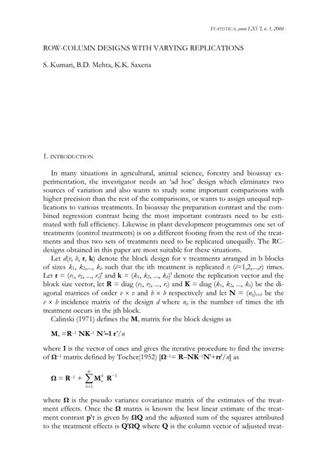 Pdf Row Column Designs With Varying Replications