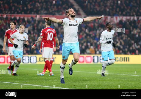 West Ham Uniteds Andy Carroll Celebrates Scoring His Sides First Goal During The Premier