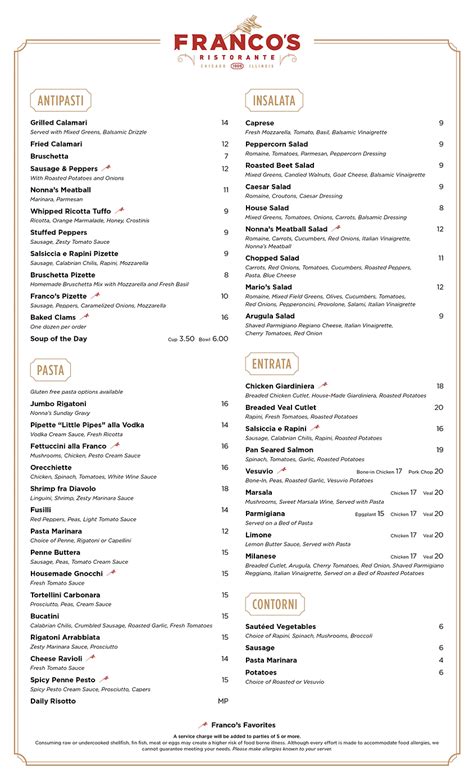 Menu Francos Ristorante Authentic Italian
