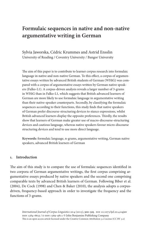 Pdf Formulaic Sequences In Native And Non Native Argumentative Writing In German