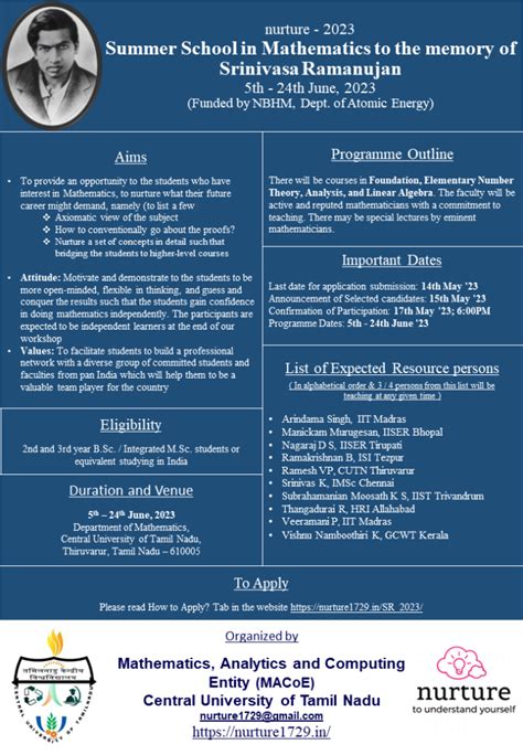 nurture programme 2023 summer school in mathematics to the memory of