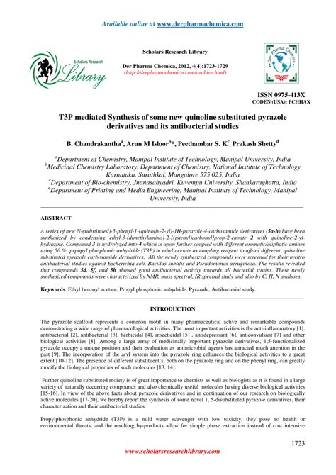 Pdf T3p Mediated Synthesis Of Some New Quinoline Substituted Pyrazole