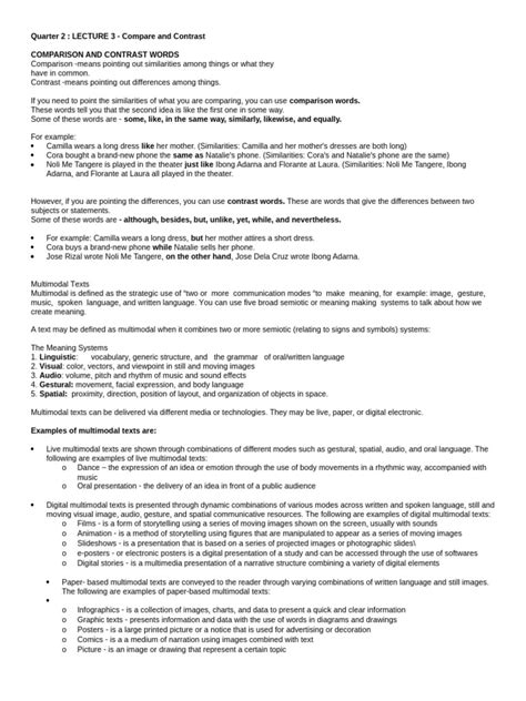 Quarter 2 Lecture Multimodal Comparecontrast Pdf