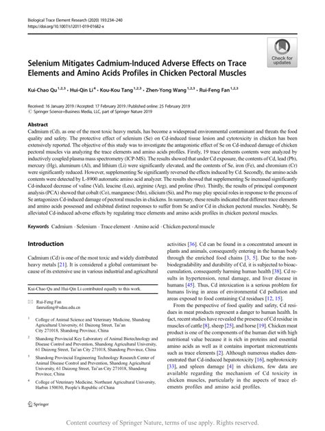 Selenium Mitigates Cadmium Induced Adverse Effects On Trace Elements And Amino Acids Profiles In