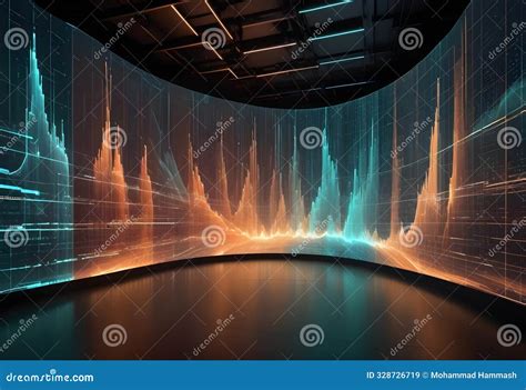 A Futuristic Immersive Space With A Curved Wall Of Screens Displaying Abstract Blue And Orange