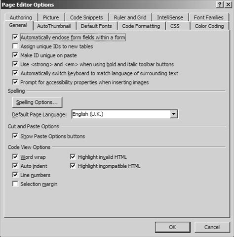 setting up expression web page editor options general tab