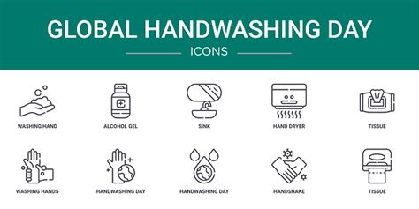 10 개요 웹 글로벌 손 씻기 일 아이콘 세트 손 씻기 알코올 젤 싱크대 손 건조기 티슈 손 씻기 손 씻기 일 벡터 아이콘 보고서 프리젠 테이션 다이어그램 웹 개수대에 대한