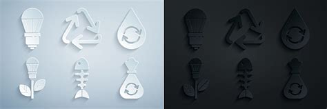 물고기 골격 설정 깨끗한 아쿠아 재활용 잎이 달린 전구 쓰레기 봉투 재활용 기호 및 Led 조명 아이콘 벡터 3차원 형태에 대한 스톡 벡터 아트 및 기타 이미지 Istock
