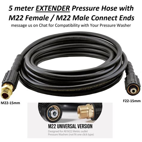 5 Meter Extension Hose For Pressure Washers Threaded M22 15mm Male To