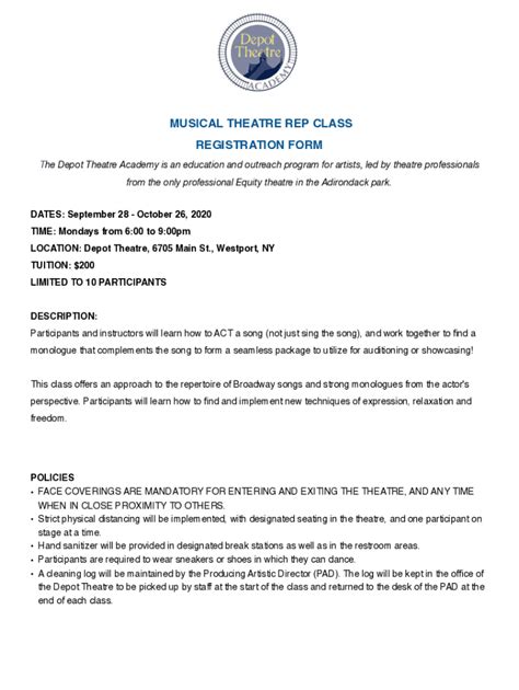 Fillable Online Musical Theatre Rep Class Registration Form Fax Email