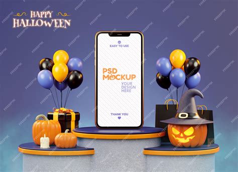 3d 일러스트레이션의 배너 판매 및 쇼핑 앱 템플릿을 위한 해피 할로윈 휴대폰 모형 프리미엄 Psd 파일