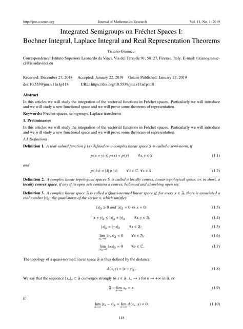Pdf Integrated Semigroups On Fréchet Spaces I Bochner Integral Laplace Integral And Real